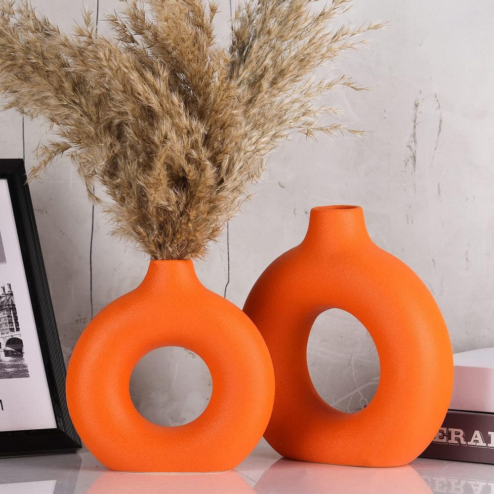 8.6 in Orange Ceramics Vase for Home Decor, Minimalist Nordic Hollow ...