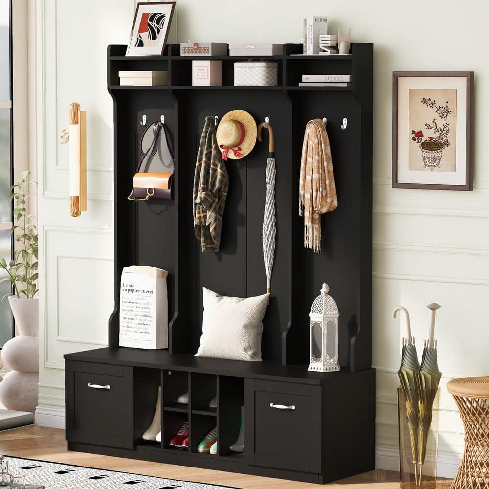 Nestfair Black Freestanding Hall Tree with Coat Rack, 7 Sturdy Hooks, 2 ...