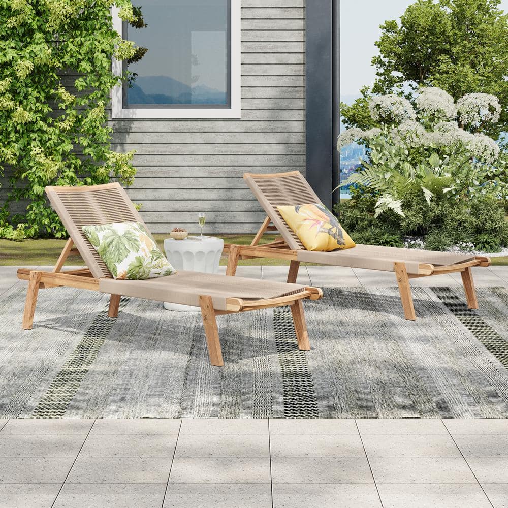 Harper & Bright Designs Teak and Beige Adjustable Outdoor Rope Chaise ...