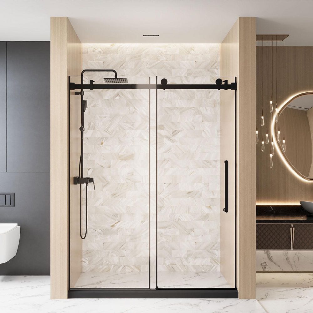 ANGELES HOME 56-60 in. W x 76 in. H Frameless Single Sliding Shower Door in Matte Black with 1/4 ...