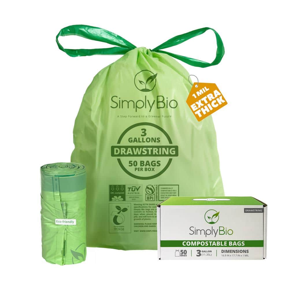 Simply Bio 3 Gal. Compostable Trash Bags, Drawstring Heavy Duty 1 Mil ...