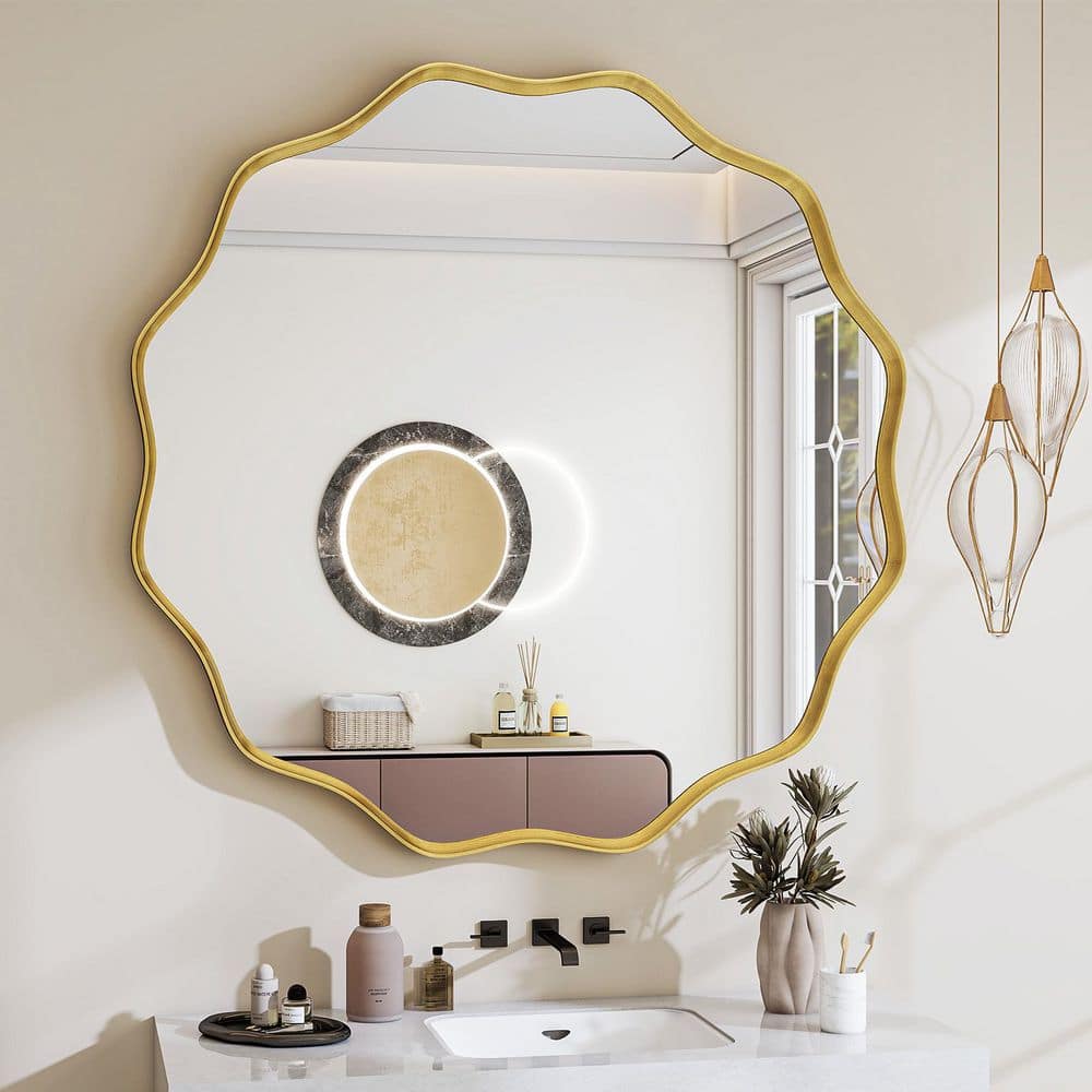 GLSLAND 36 in. W x 36 in. H Round Decorative Wave-Edge Gold Metal Deep ...