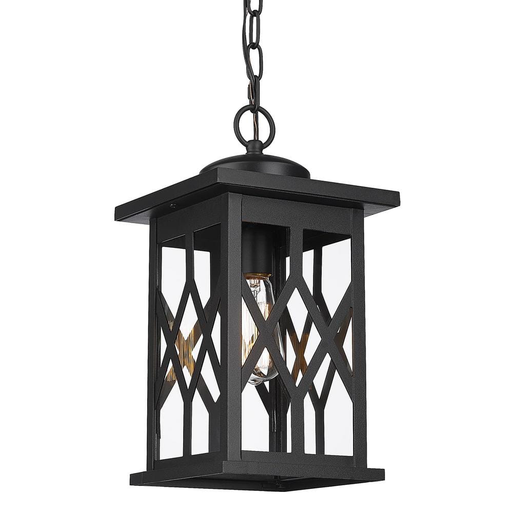 JAZAVA 16.3 in. 1-Light Black Anti-Rust Outdoor Pendant Light with ...