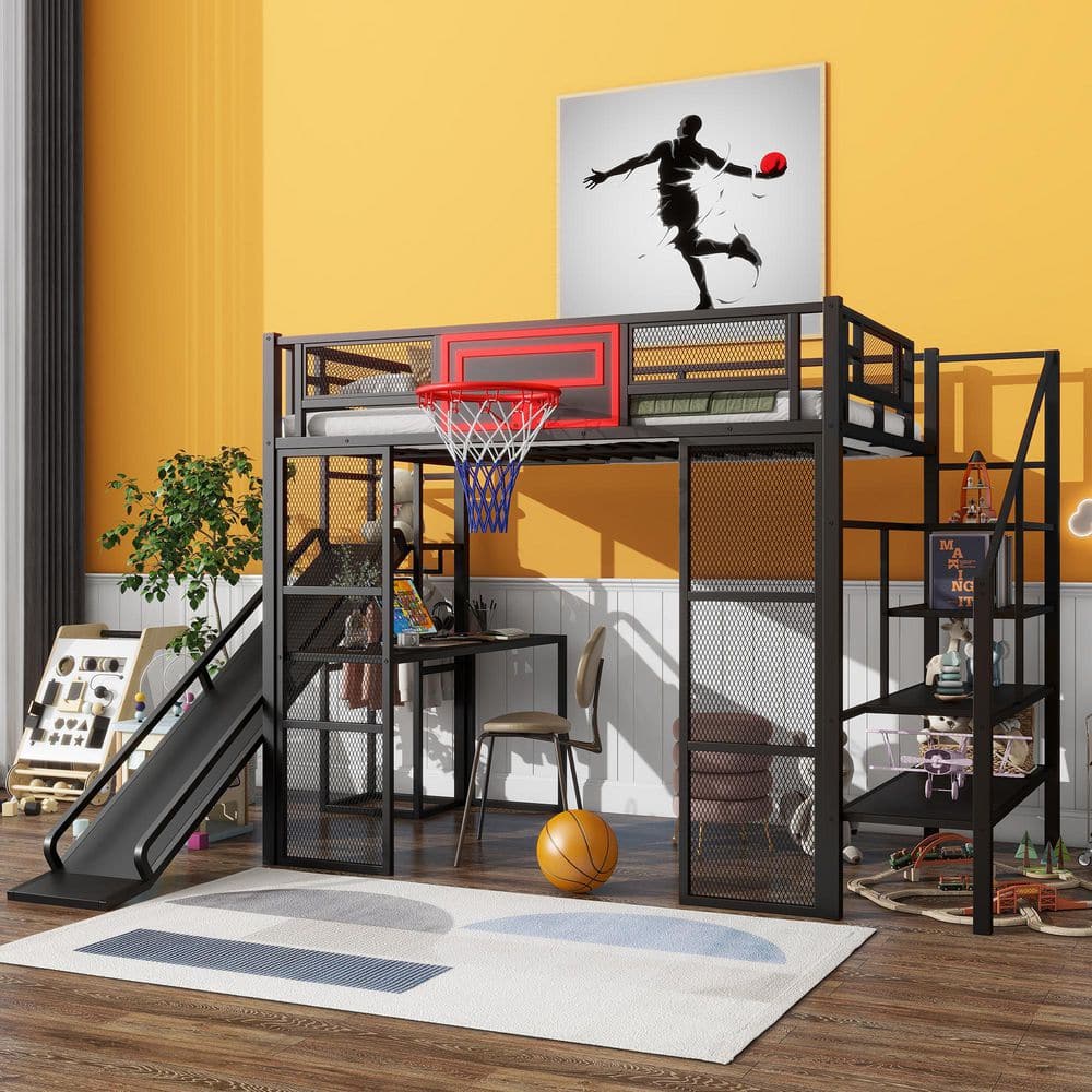 Harper & Bright Designs Black Full Size Metal Loft Bed with Built-in ...