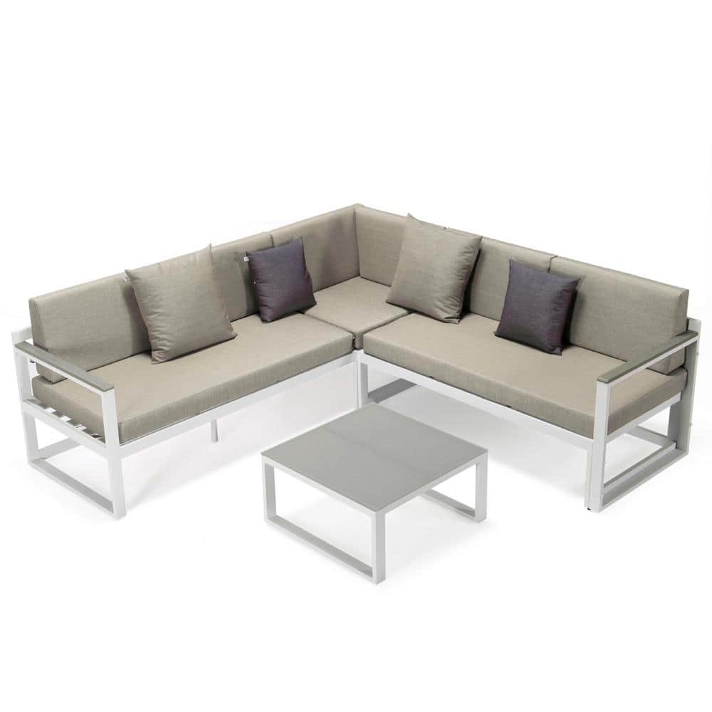 Leisuremod Chelsea White 3-Piece Metal Outdoor Sectional with Beige ...