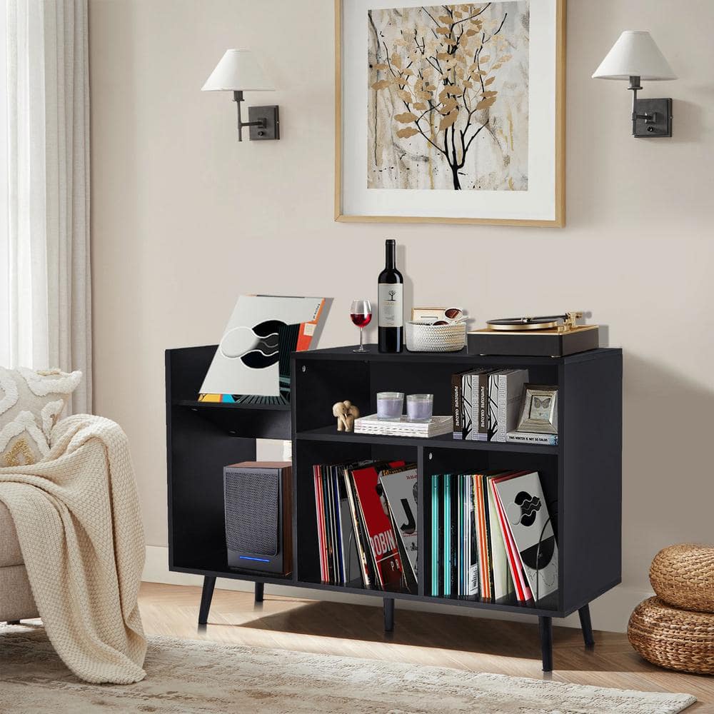 ATHMILE Black Large Record Player Stand Table/Record Storage Cabinet ...