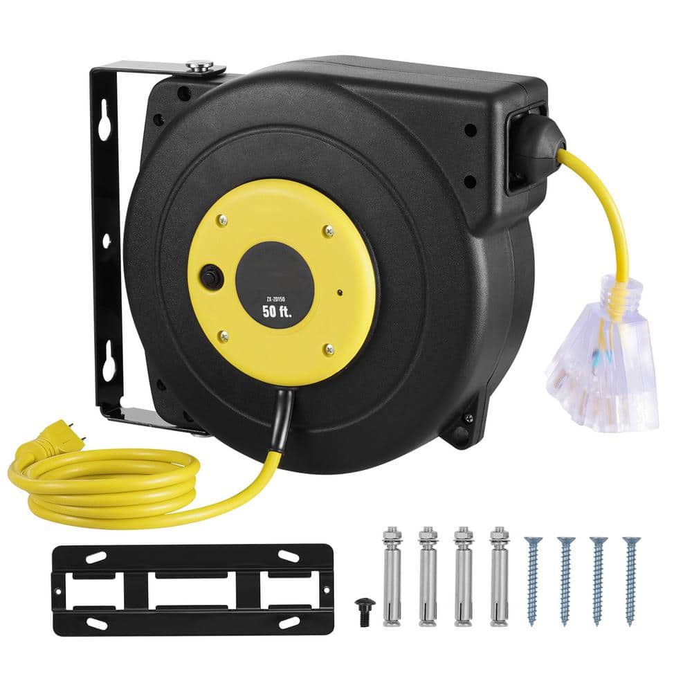 SVOPES 50 ft., 14-Gauge / 3-Conductors, 13 Amps Retractable Extension Cord Reel with 3-Outlets ...