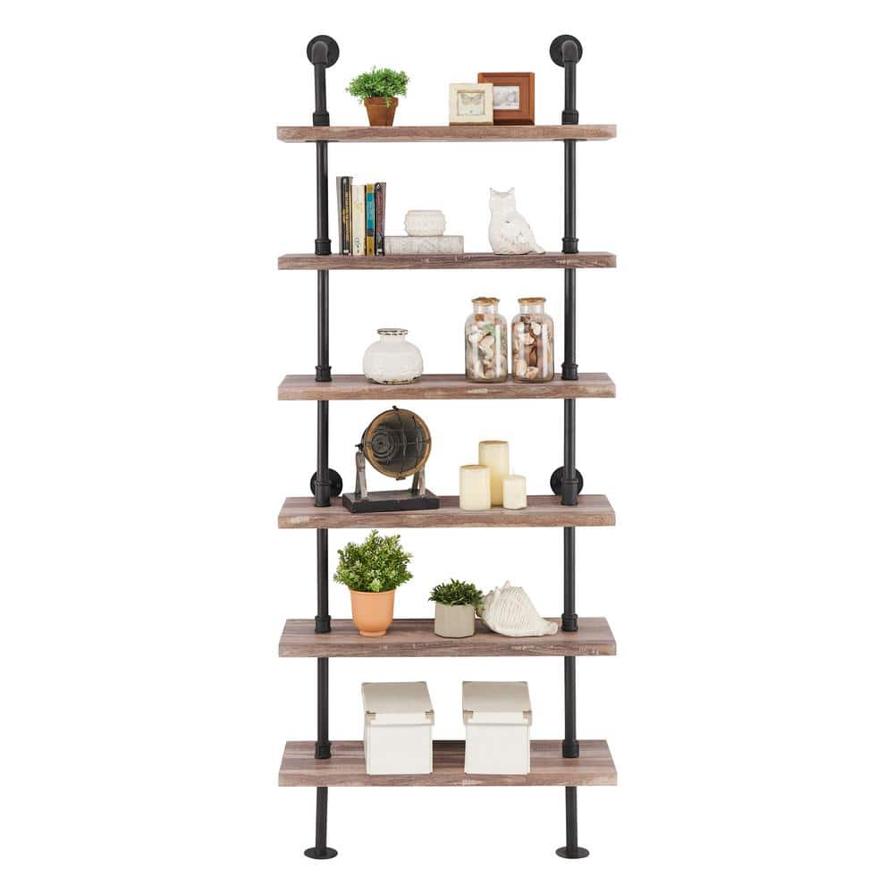 Danya B Industrial Modern Rustic 6 Tier Iron Pipe Wall Mount Ladder Shelving Unit in Distressed Wood Finish