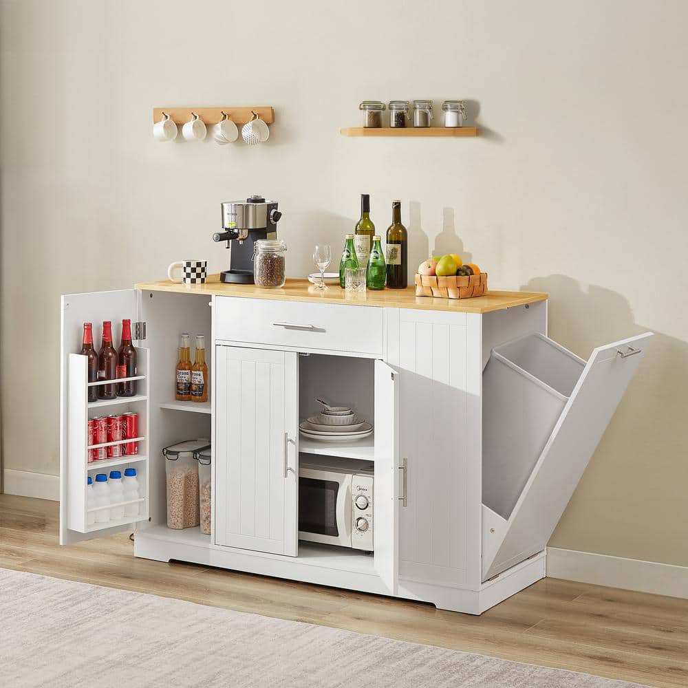 Tenleaf White Wood 53 in. Kitchen Island Breakfast Bar Cabinet with ...