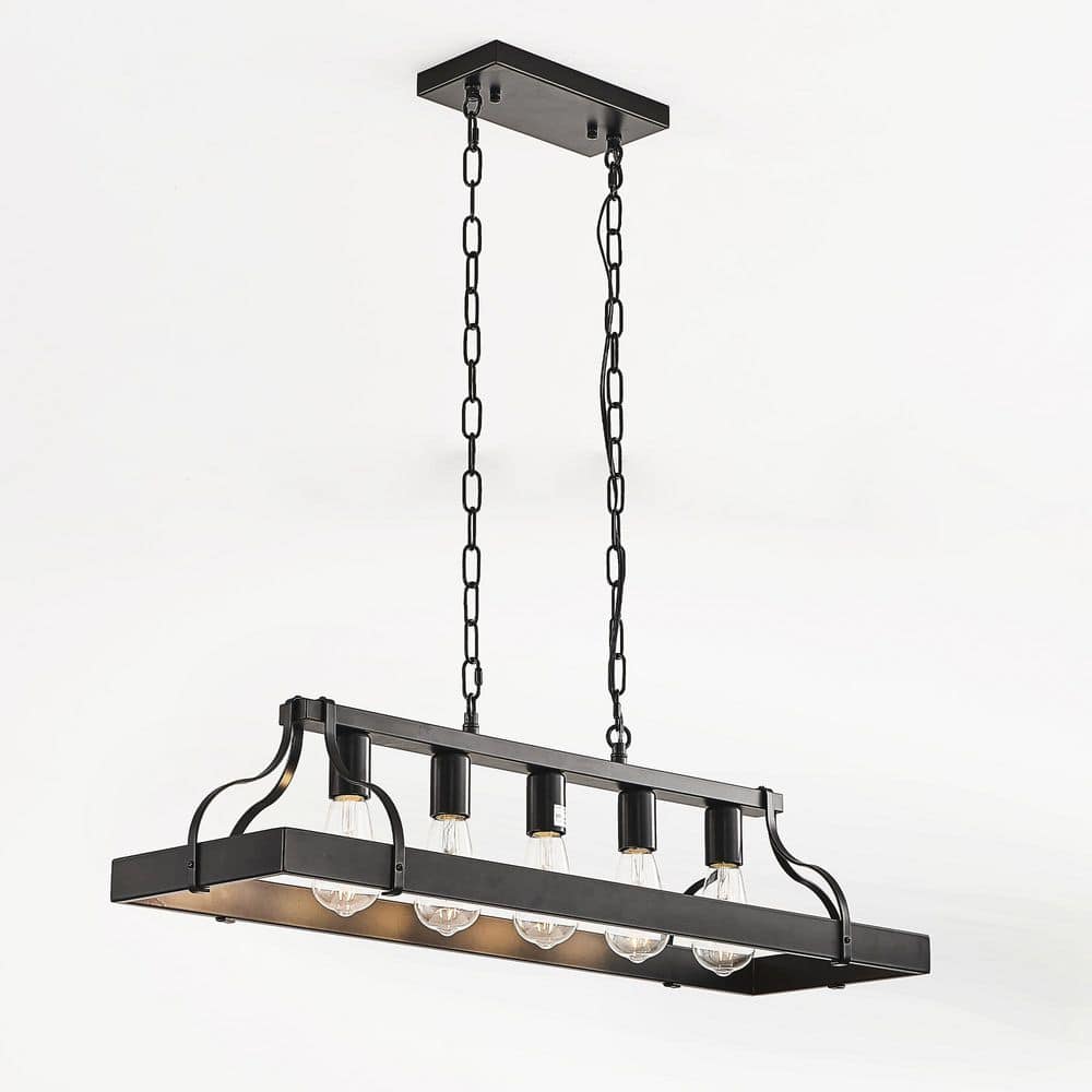 PUDO 33.7 in. 5-Light Black Modern Industrial Pendant Light with ...