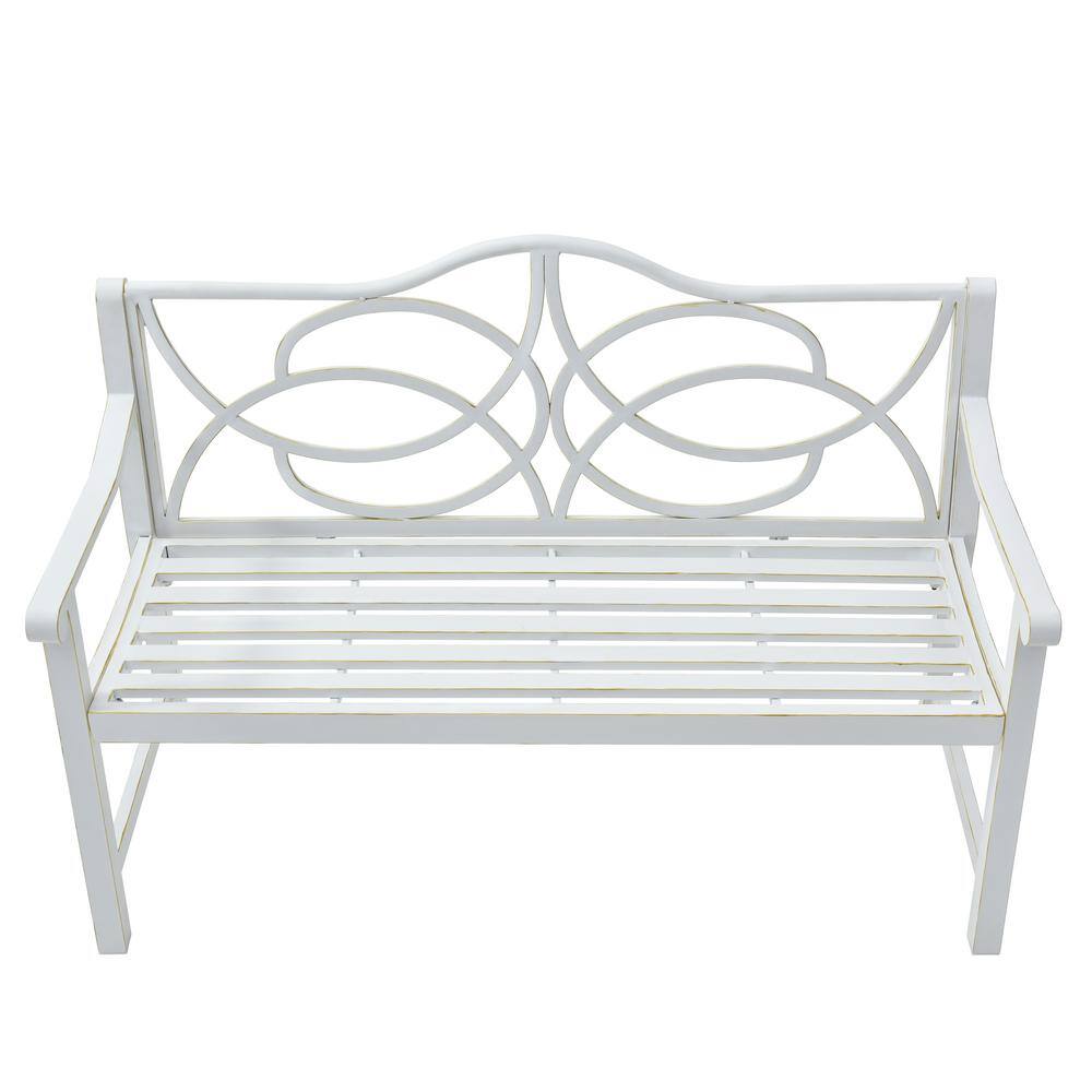 Angel Sar White Iron Metal Steel Frame Outdoor Patio Bench with ...