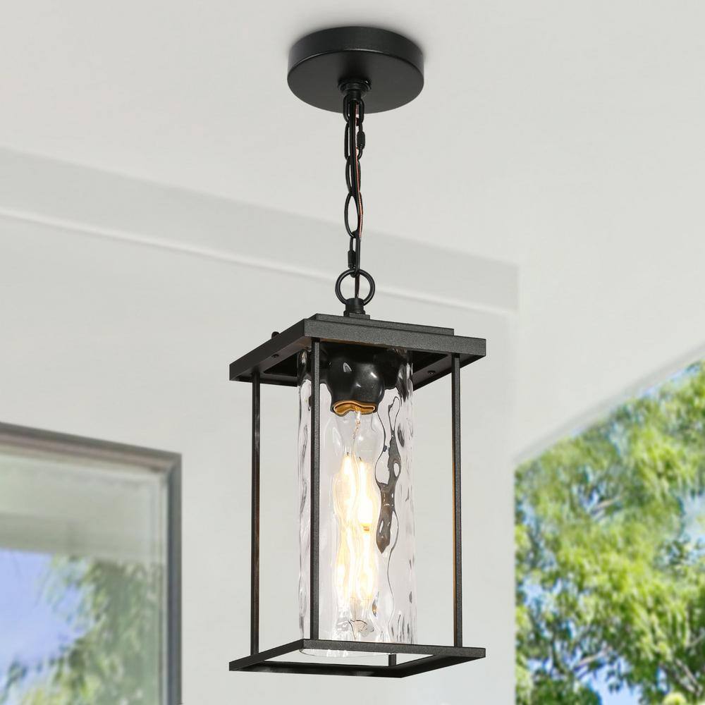 LNC 14.2 in. Modern Black 1-Light Outdoor Pendant Light with Wavy Glass ...