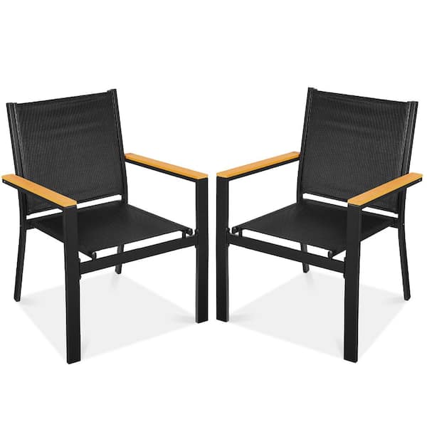 Best Choice Products Set of 2 Black Textilene Chairs with Tan Armrests ...