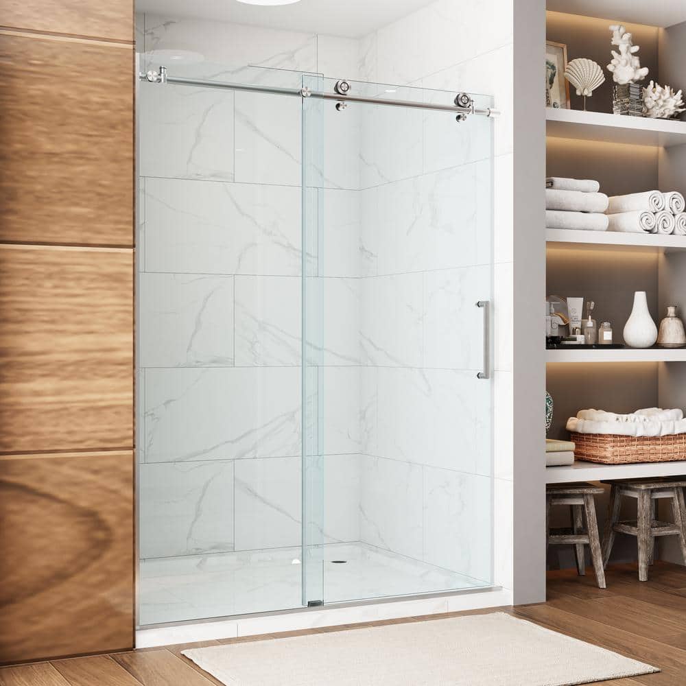 HOROW 59 in. W x 75 in. H Sliding Frameless Shower Door in Brushed ...