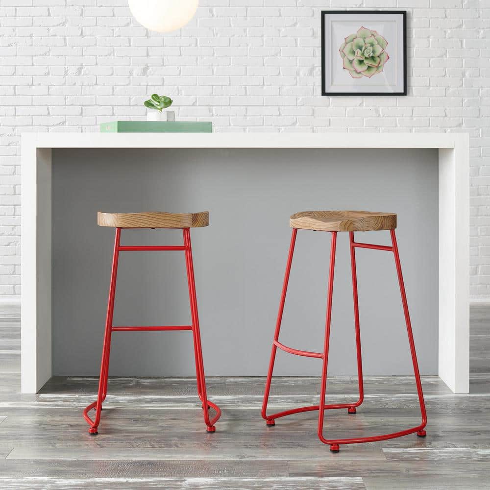 StyleWell Modern Ruby Red Metal Backless Bar Stool with Wood Seat (Set ...