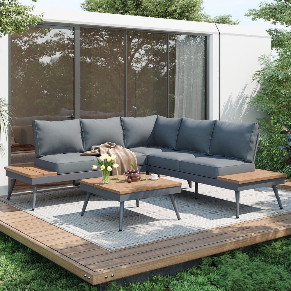 Sudzendf 4-Piece Aluminum Outdoor Sectional Set with Gray Cushions ...