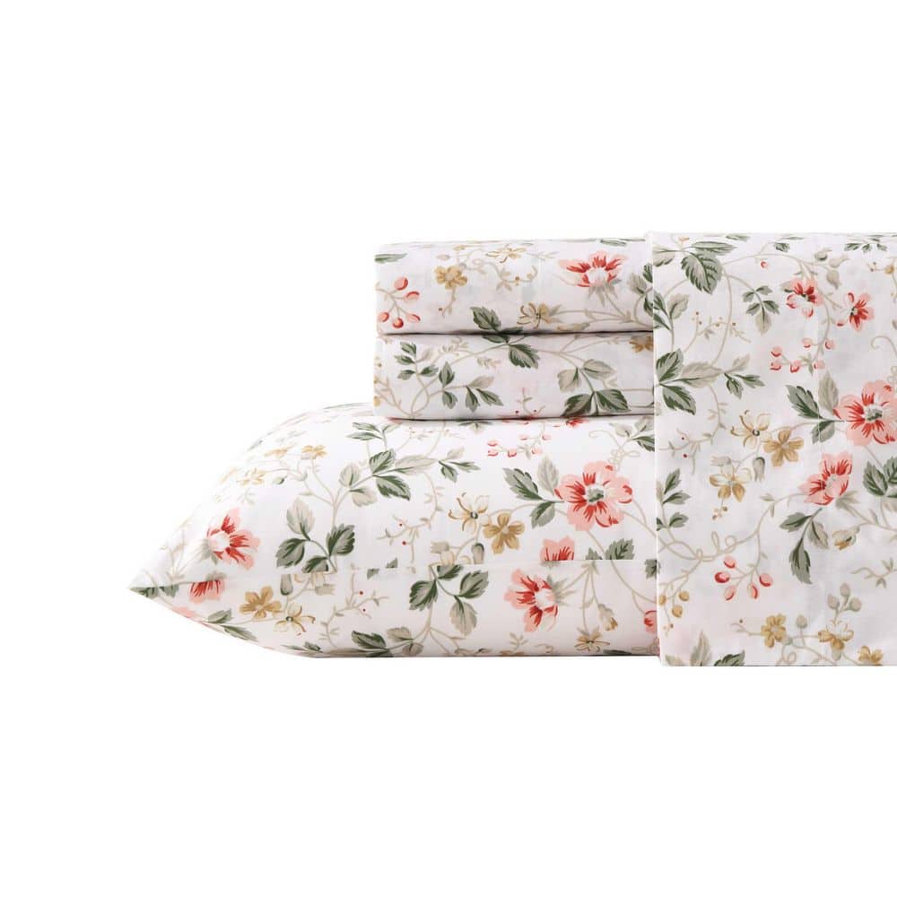 Laura Ashley Meadow Floral 3-Piece Rose/Gold Cotton Percale Twin Sheet ...
