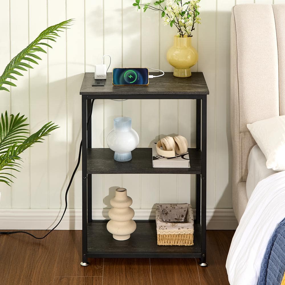 VECELO 3-Tier Gray Side Table Stable Open Shelves with Metal Frames ...