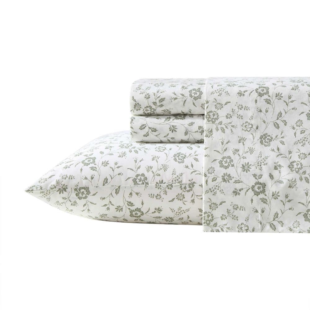 Laura Ashley Miranda 4-Piece Sage Green Cotton King Sheet Set A0003360 ...