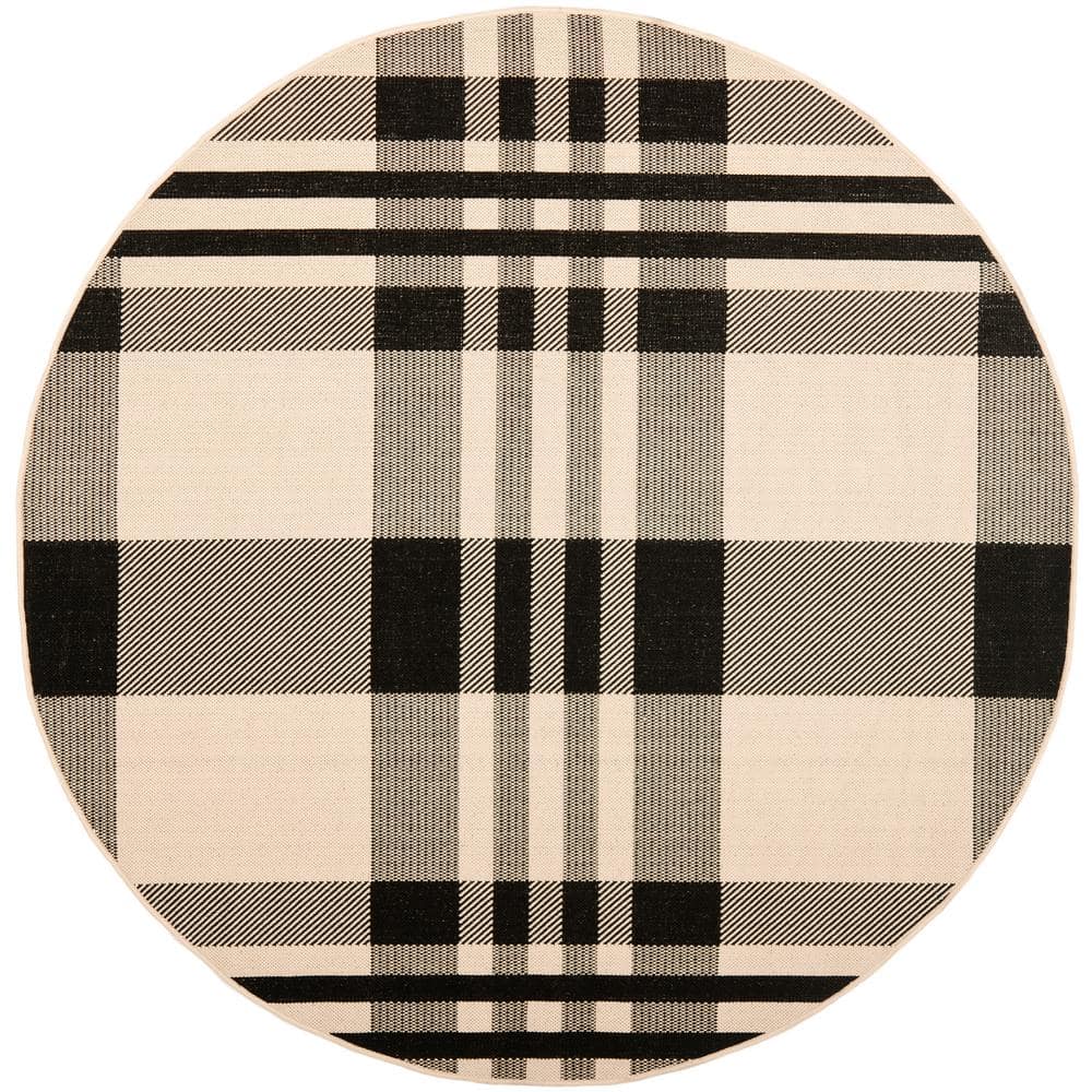 SAFAVIEH Courtyard Black/Bone 4 ft. x 4 ft. Round Plaid Indoor/Outdoor ...