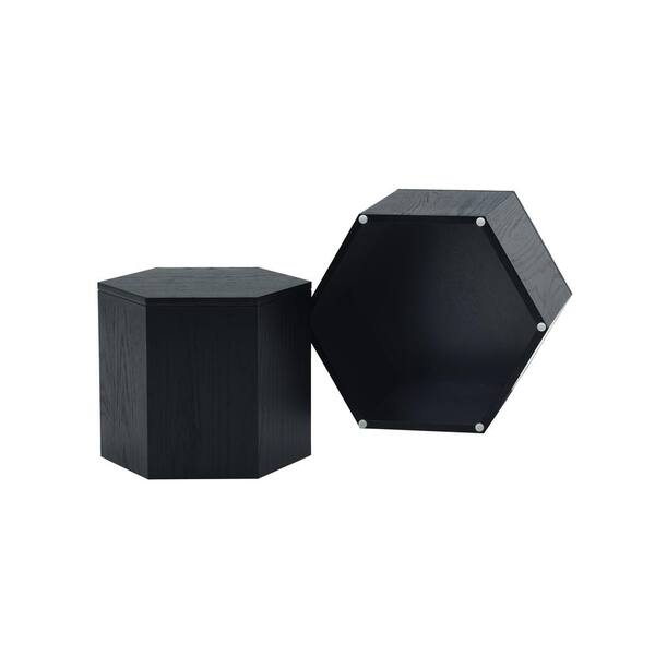 19 in. Black Hexagon MDF Coffee Table Set of 2 Side Table Coffee Table Stackable End Table Nesting Table Bedside Table