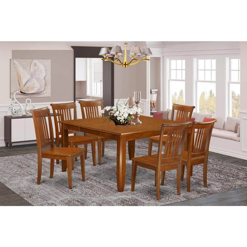 East West Furniture 7-Piece Square Saddle Brown Finish Solid Wood Top ...