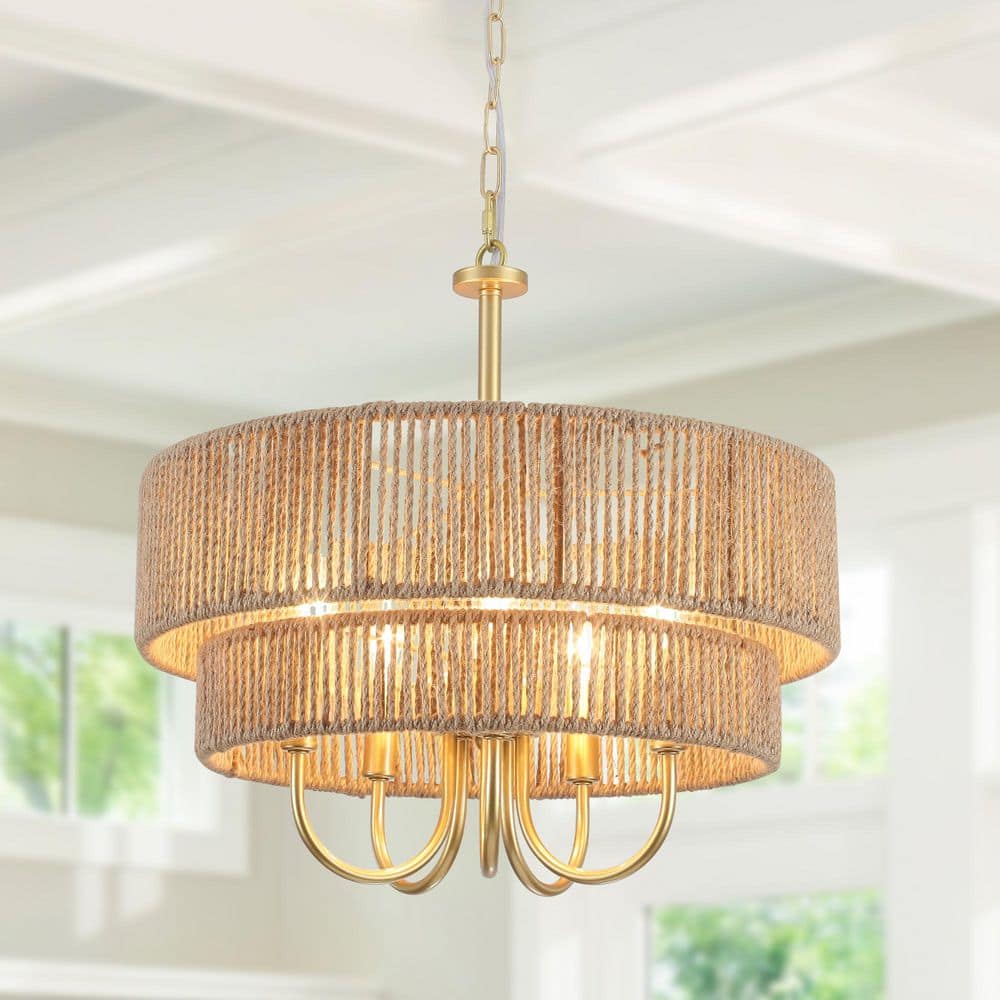 ADSENSTY 5 Light 2-Tier Gold Drum Rattan Hemp Ropes Chandelier for Living Bedroom Room with No ...