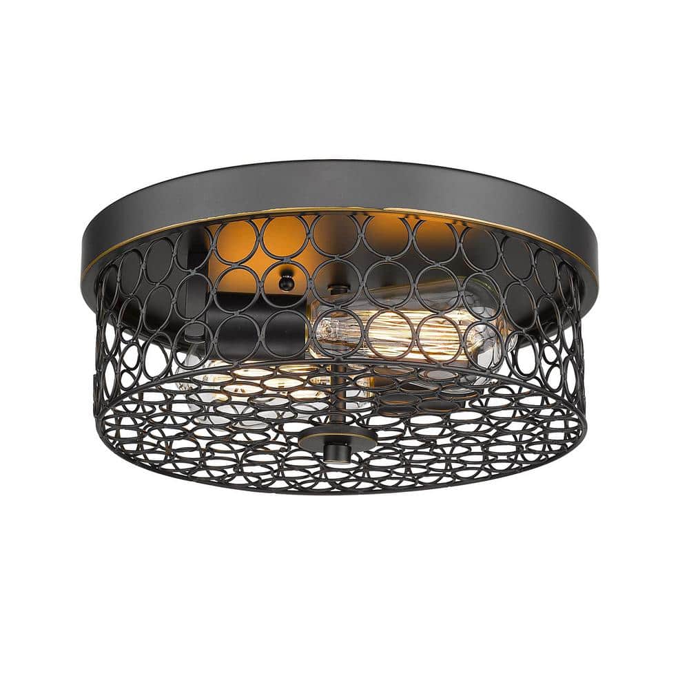 JAZAVA 11.8 in. 2-Light Oil Rubbed Bronze Flush Mount with Metal Mesh ...
