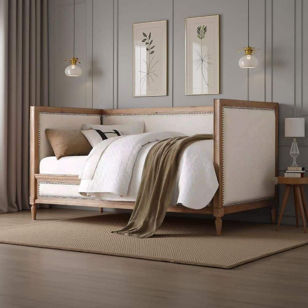 Benjara Elegant Oak Brown Twin Daybed with Cream Linen and Salvage ...