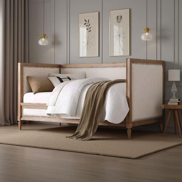 Benjara Elegant Oak Brown Twin Daybed with Cream Linen and Salvage ...