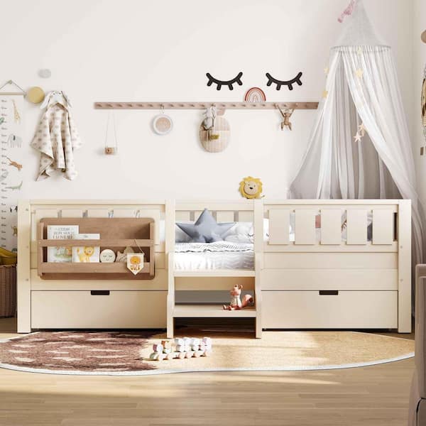 Polibi Beige Pine Wood Frame Twin Platform Bed with Safety Rails, Built ...