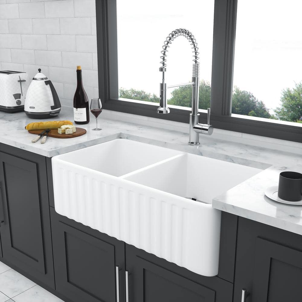 33 in. Farmhouse Double Bowl White Ceramic Kitchen Sink with Bottom ...