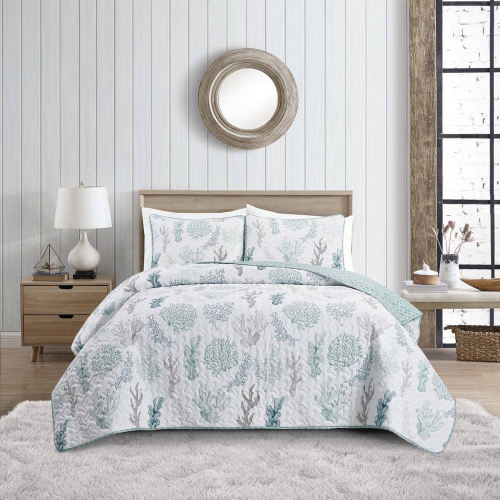 VIDERI HOME Coral Collection Green Full/Queen Microfiber Quilt Set ...
