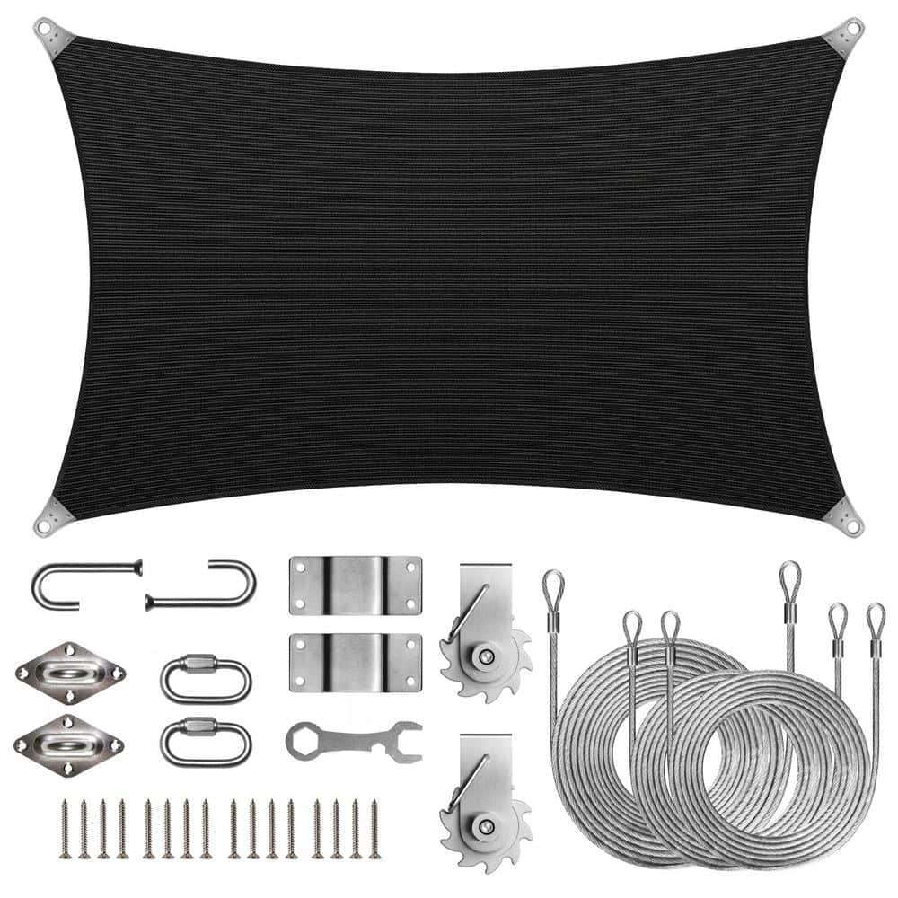 AMGO Super Ring 16 ft. x 20 ft. Sun Shade Sail with Winch Kits-Black AW ...