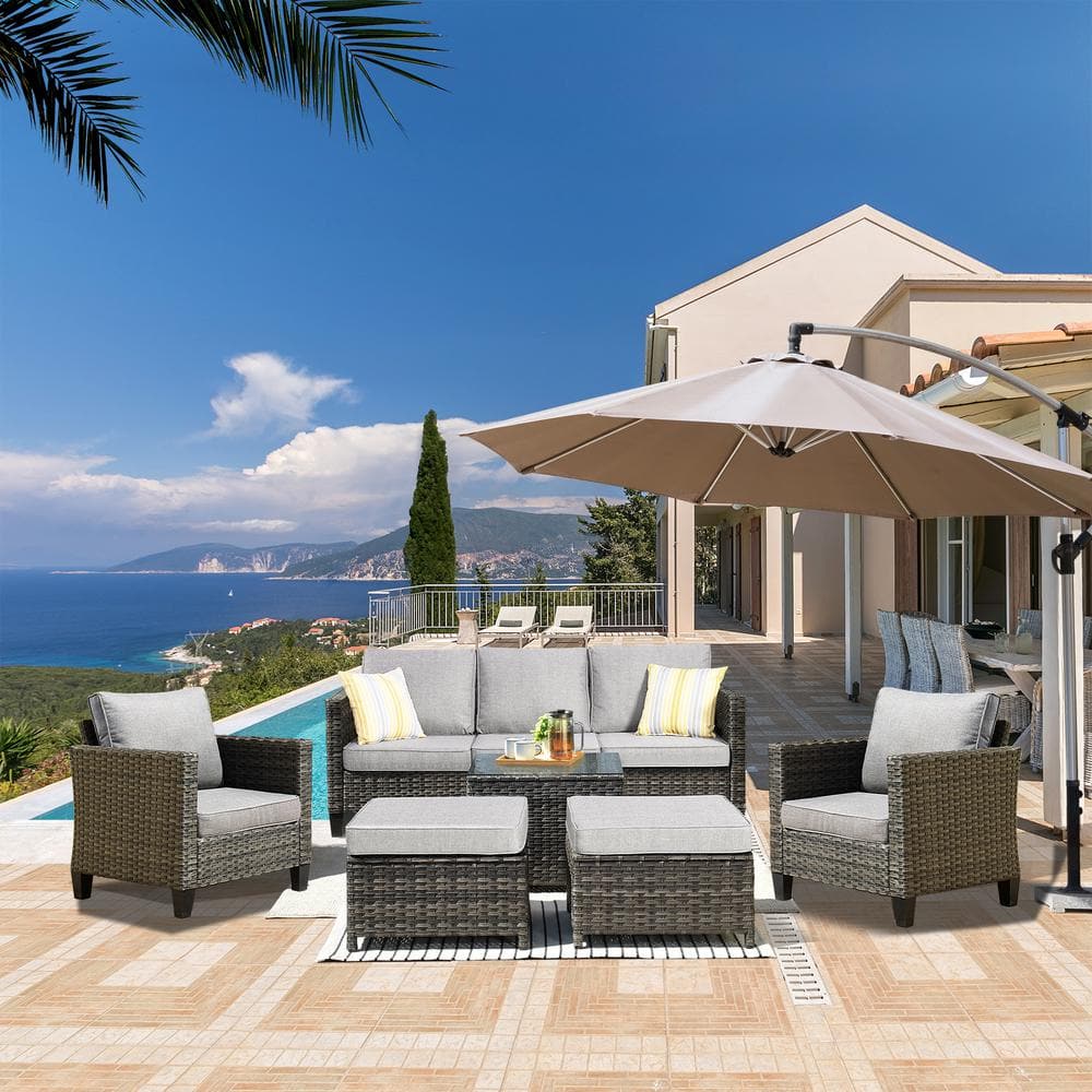 XIZZI Megon Gray 6-Piece Wicker Outdoor Patio Conversation Seating Set ...