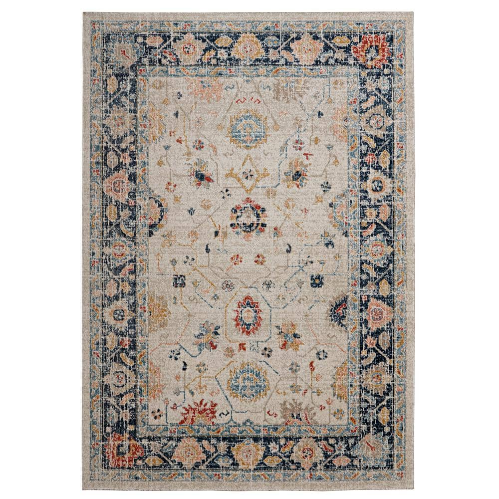 Linon Home Decor Leona Ivory and Blue Multicolor 3 ft. x 5 ft. Area Rug ...