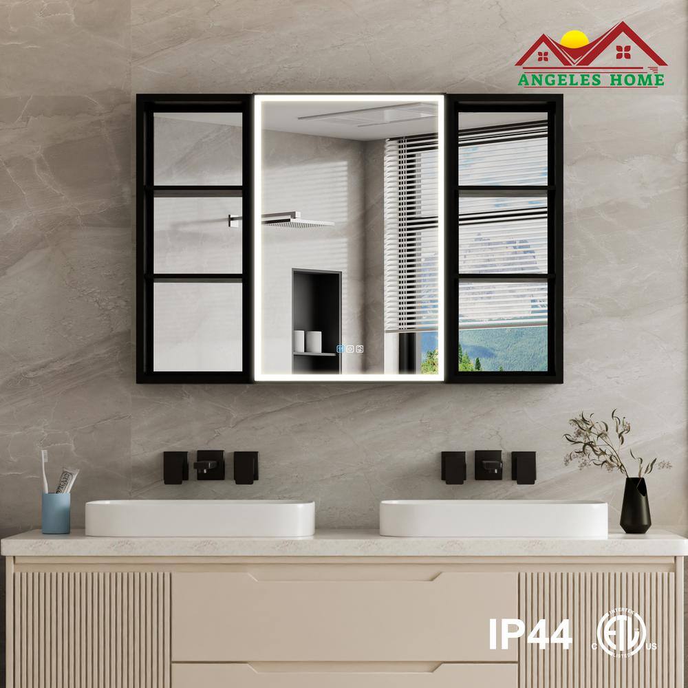 ANGELES HOME 44 in. W x 30 in. H Rectangular Black Aluminum Recessed/Surface Mount LED Medicine ...