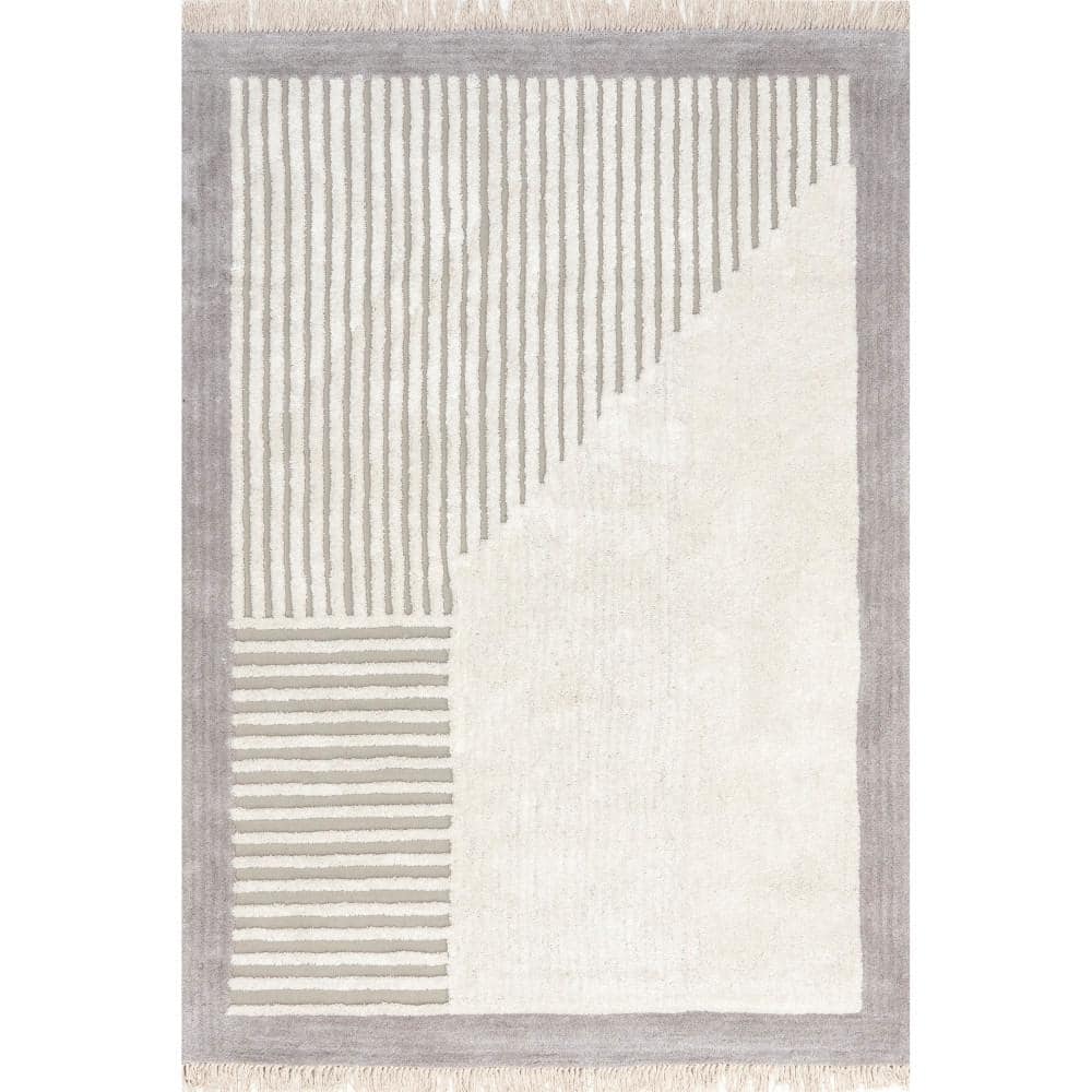 nuLOOM Kadie Modern Striped Tasseled Gray 8 ft. x 10 ft. Area Rug ...