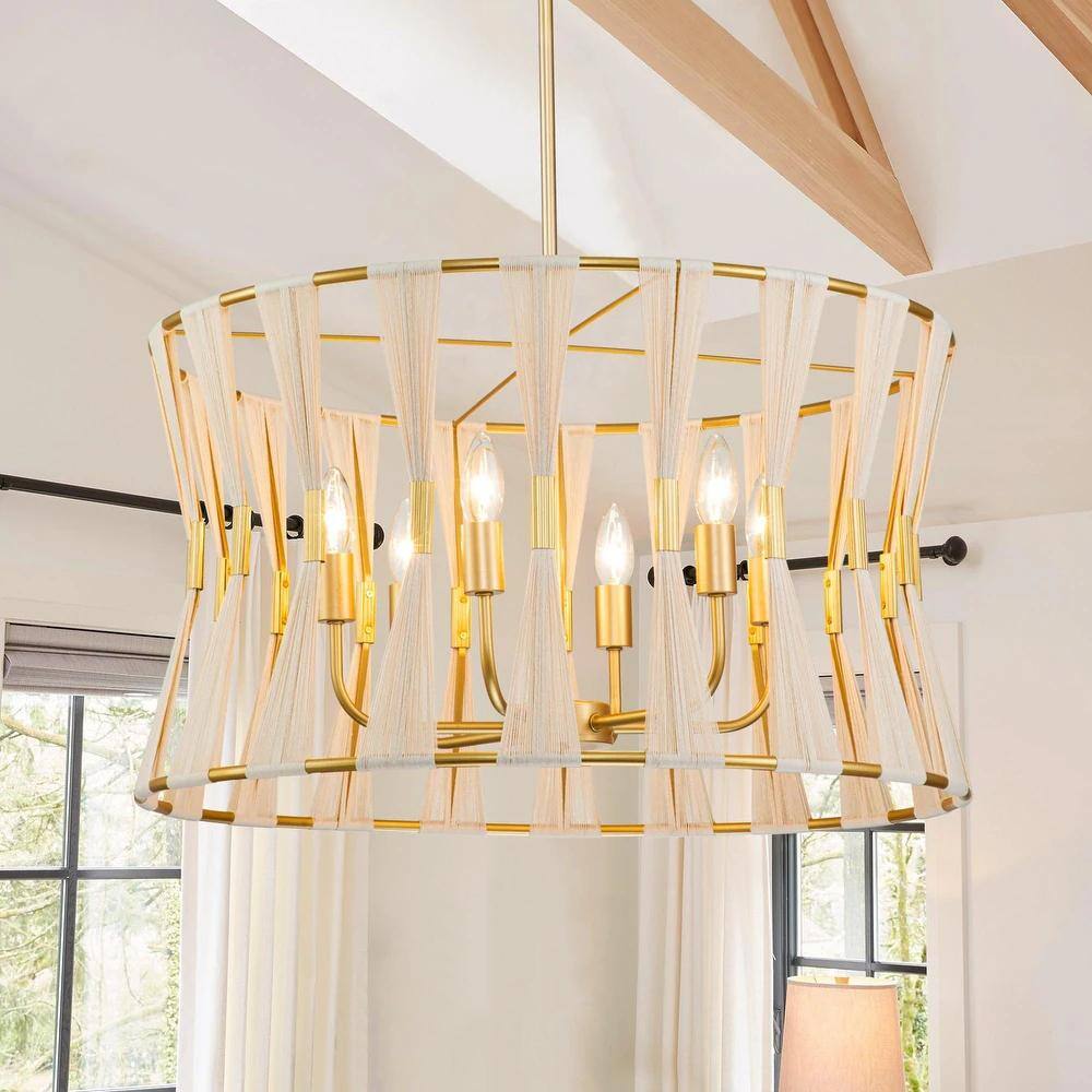 RRTYO Tabor 6-Light Ivory White Hourglass Pendant Light with Hemp Fly ...
