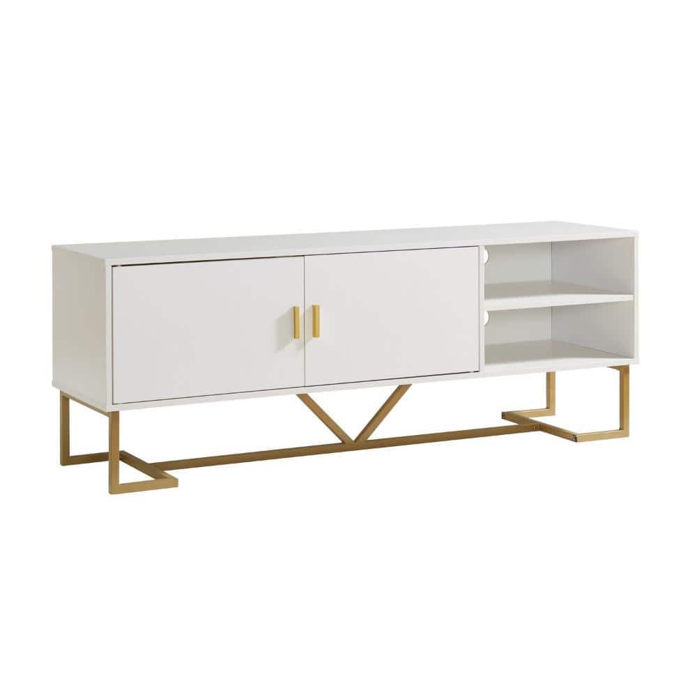 Benjara White and Gold TV Stand Fits TVs up to 55 to 60 in. with 2 ...