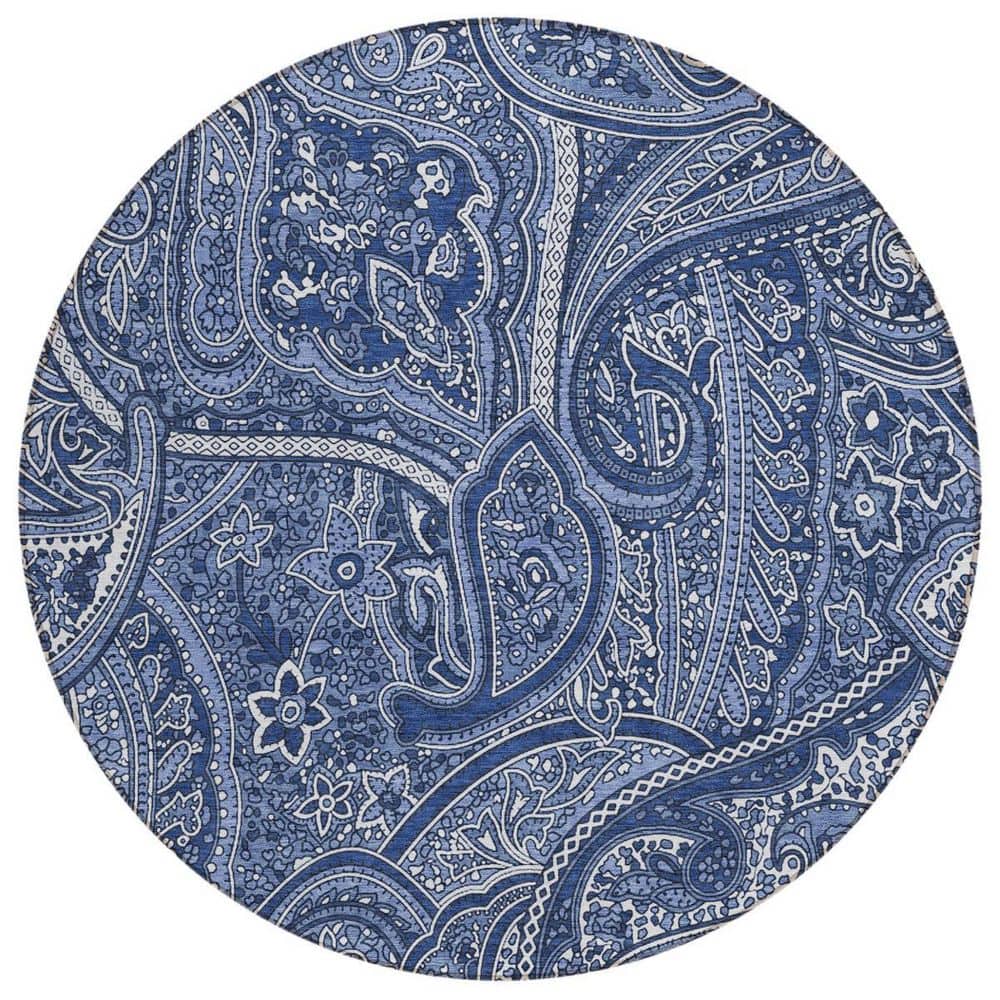 HomeRoots Navy Blue, Sky Blue 8 ft. Round Woven Paisley Polyester Round ...