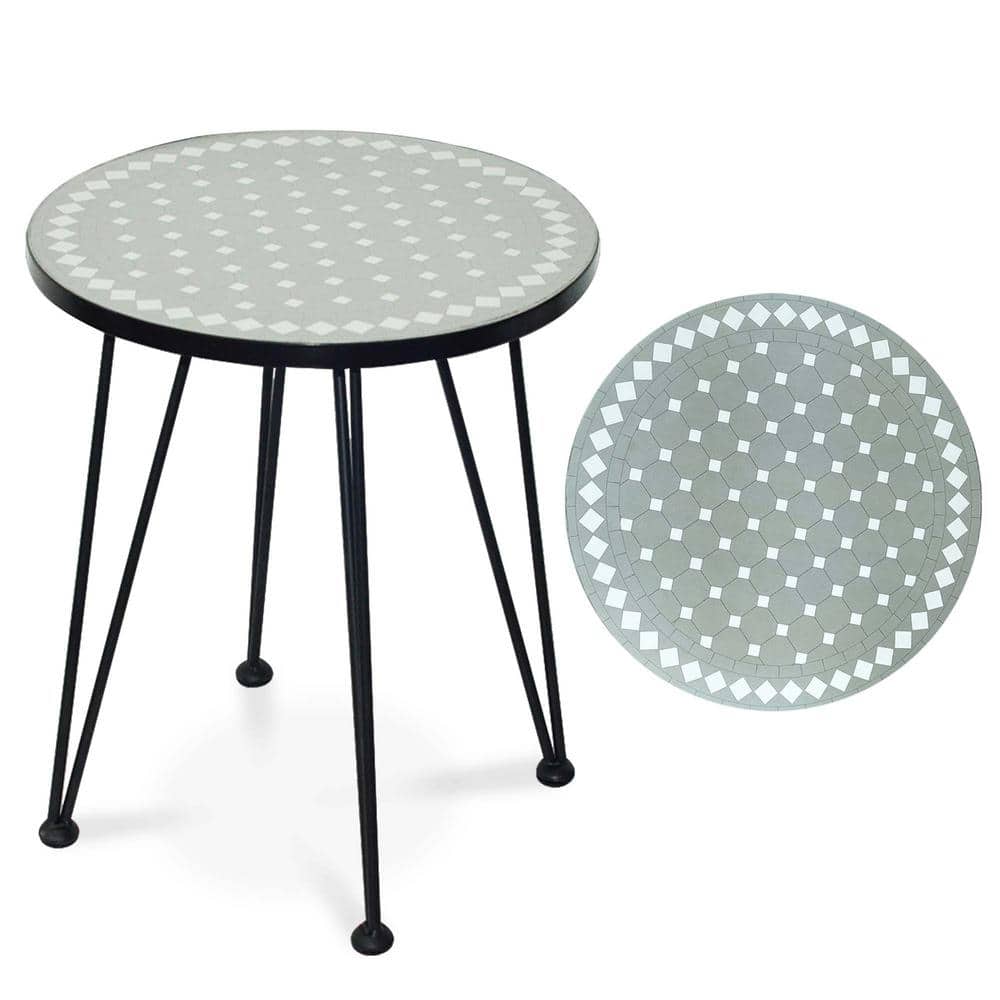 Zeus & Ruta 19.6 in.Gray Round Outdoor Coffee Table with 4 Metal Legs ...