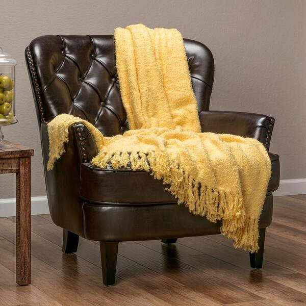 CHANASYA Fuzzy Yellow Textured Polyester Throw Blanket with Tassels, 50 ...