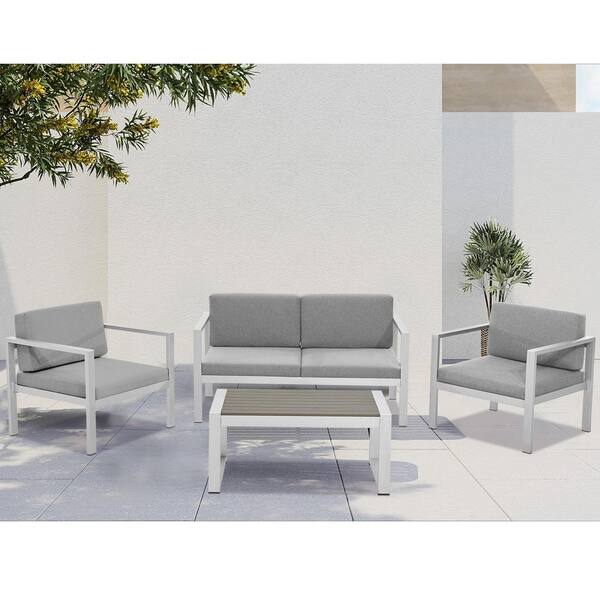JEAREY 4-Piece Aluminum Patio Conversation Set with Grey Cushions and ...