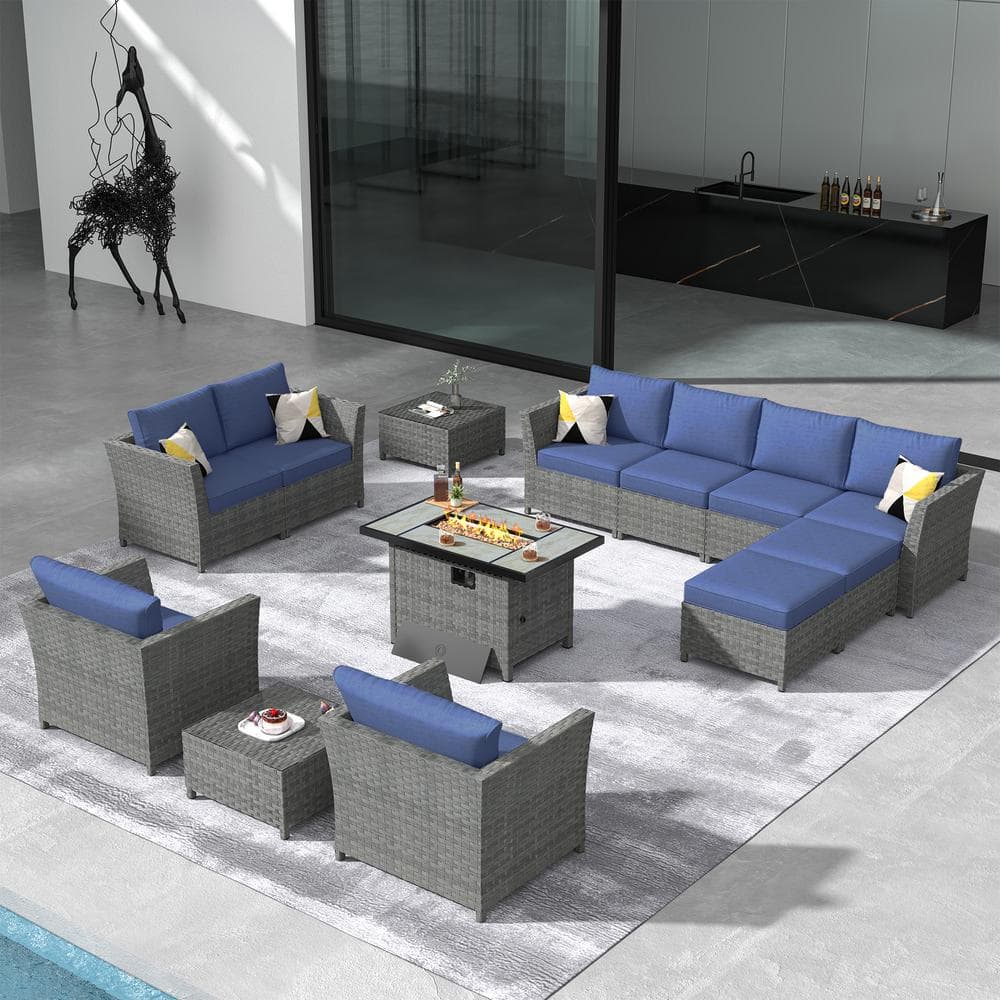 XIZZI Vesta Gray 13-Piece Wicker Outerdoor Patio Rectangular Fire Pit ...