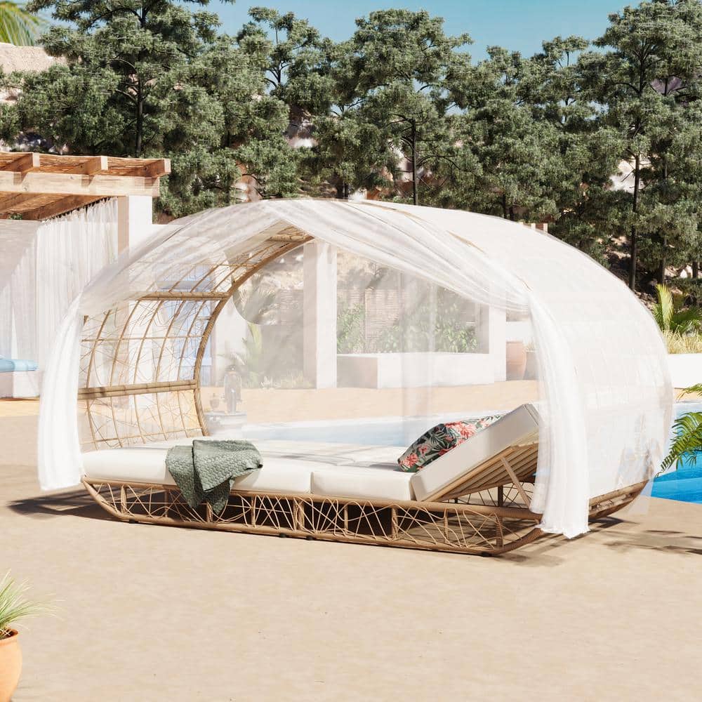 Cesicia 1-Piece Wicker Outdoor Patio Day Bed with Curtain, Beige ...