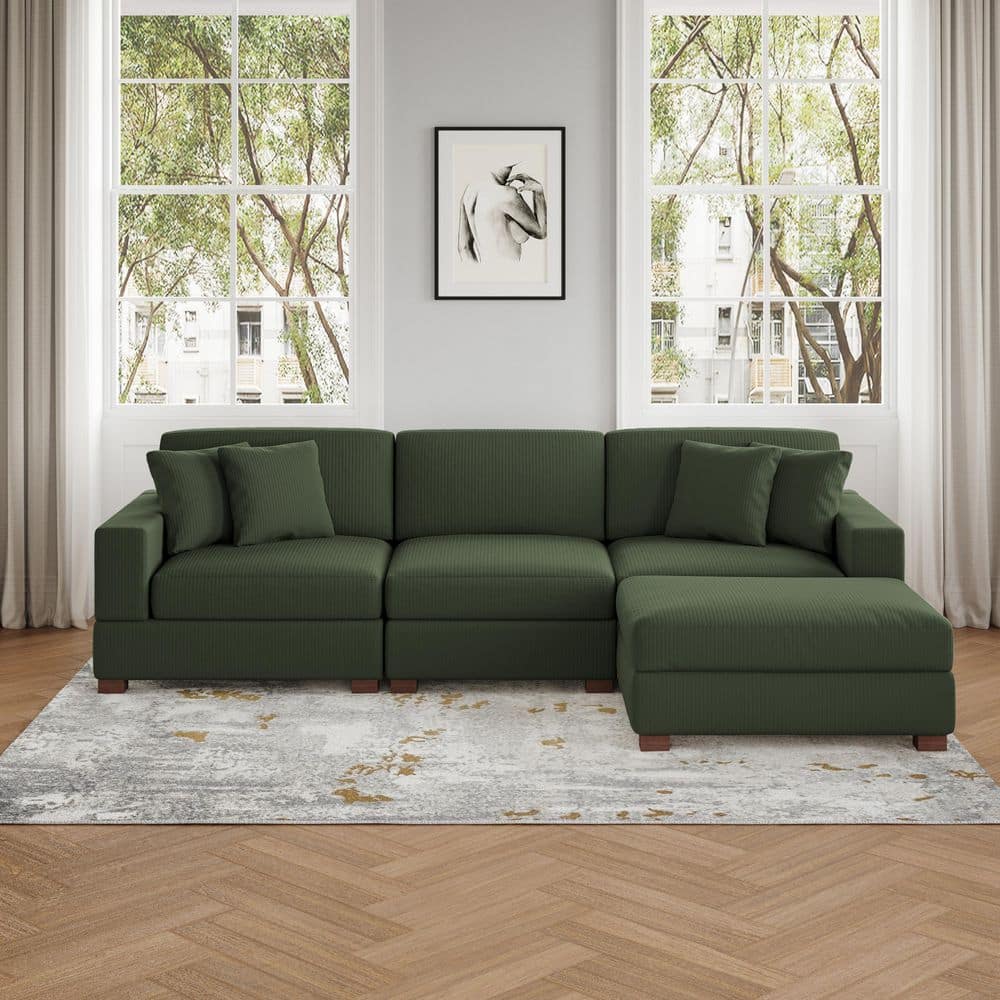 Uixe 118 in. W Modern Square Arm 4-Piece Corduroy Fabric L-Shaped Sectional Sofa in. Green GN ...