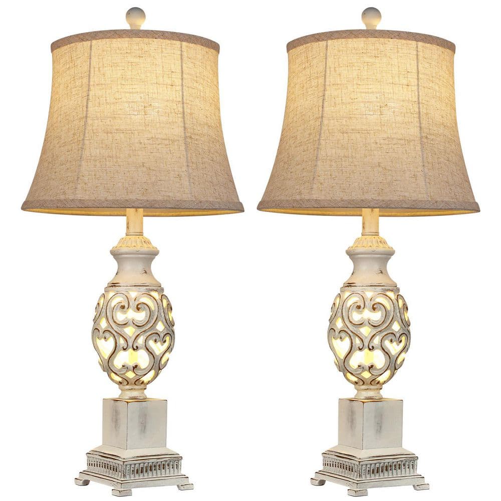 Rottogoon 28 in. Distressed White Tall Bedside Lamp with Night Light ...