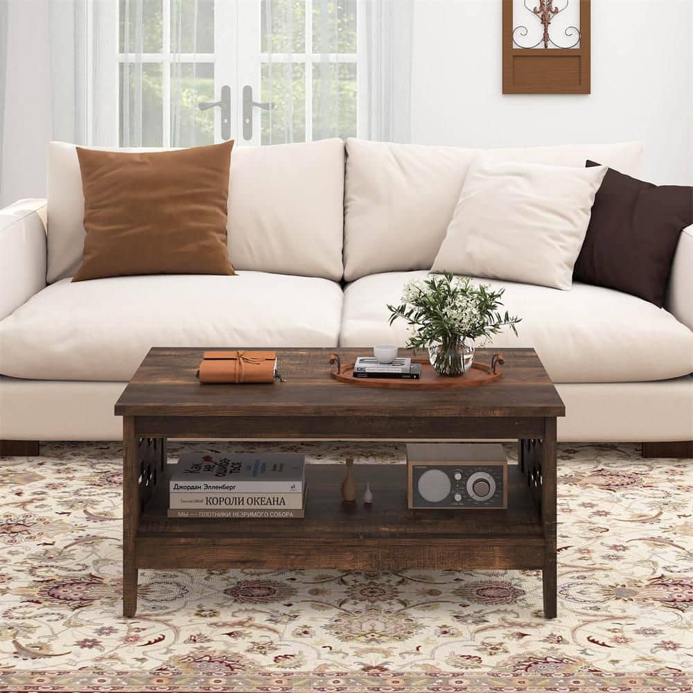 Costway 39.5 in. Rustic Brown Rectangle MDF 2-Tier Coffee Table with ...