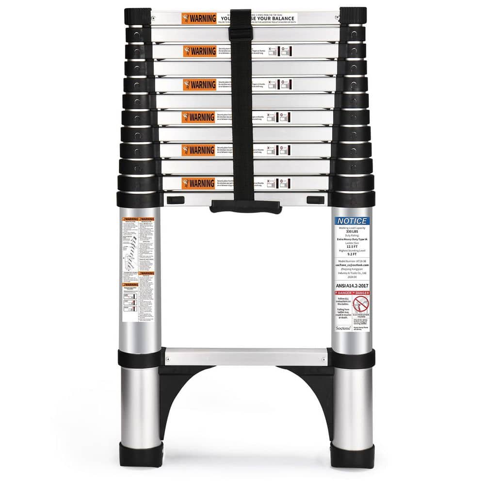Laybus 12.5 ft. Aluminum Button Retraction Extension Ladder with 2 ...